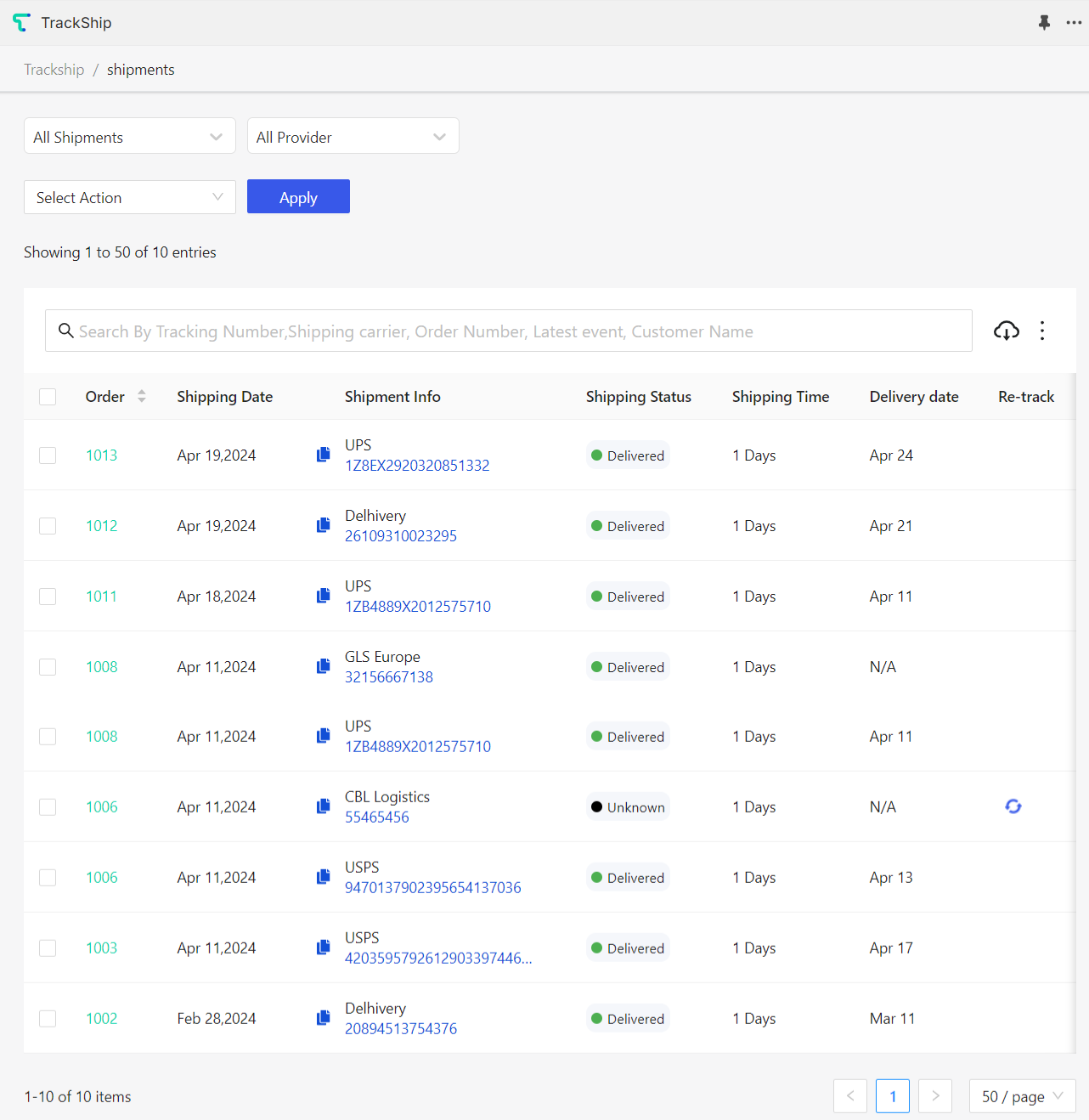 Shipments Dashboard - TrackShip Docs