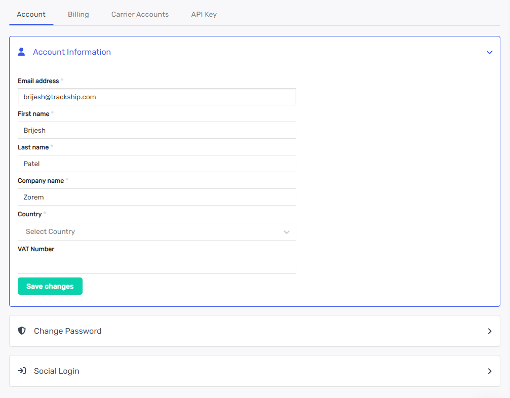 Account information - TrackShip Docs