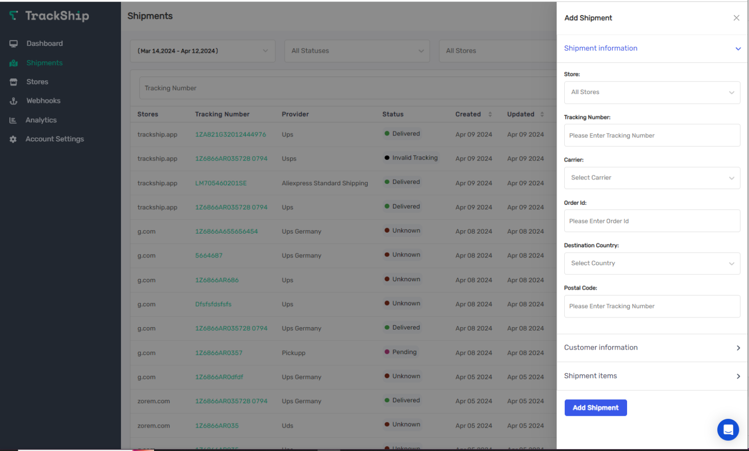 Add shipment manually - TrackShip Docs